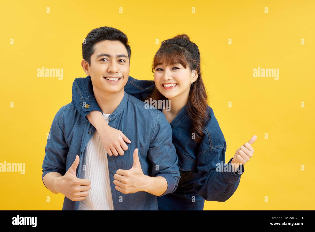 Portrait of cheerful people man and woman in basic clothing smiling and ...