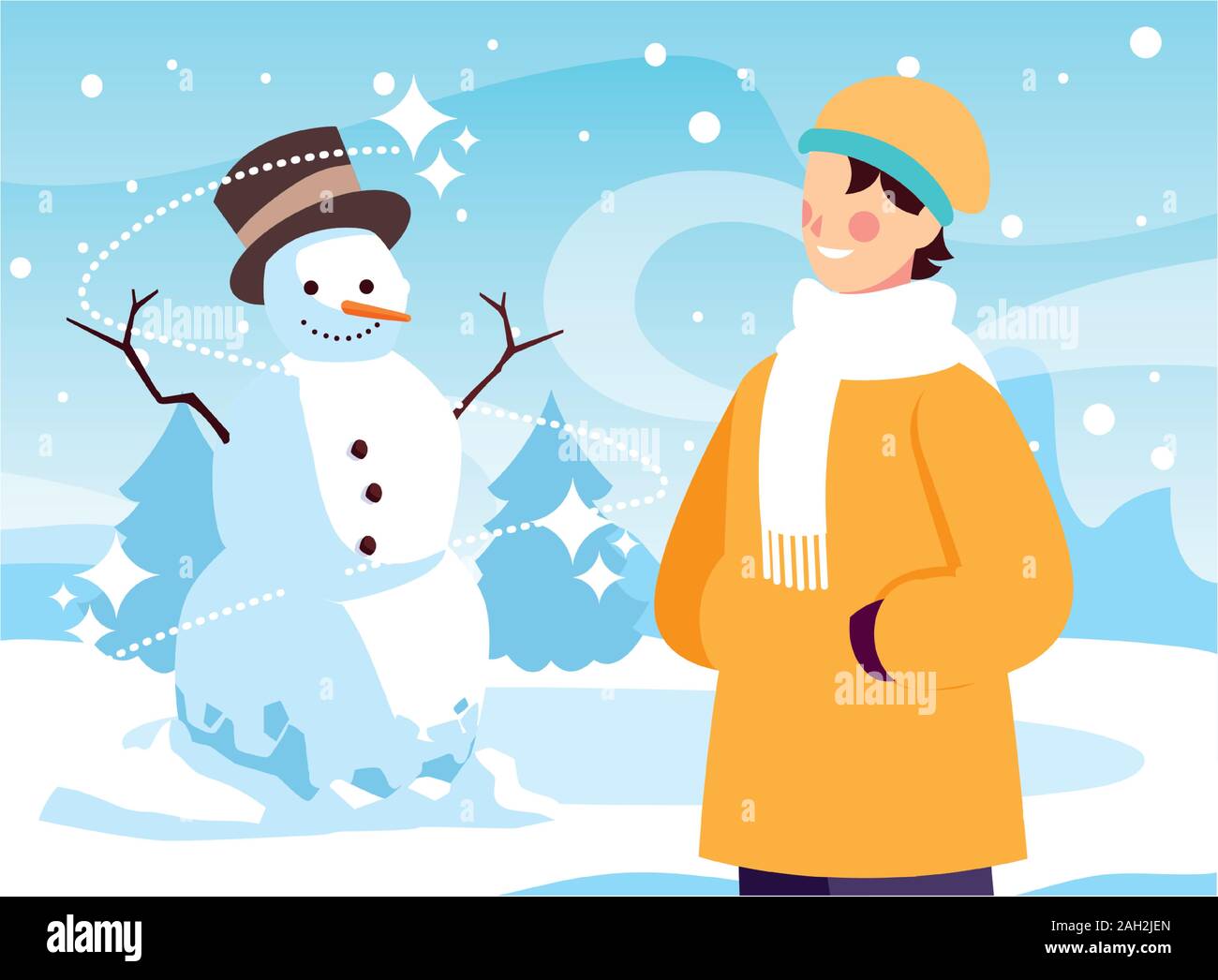 man with snowman in winter landscape vector illustration design Stock ...