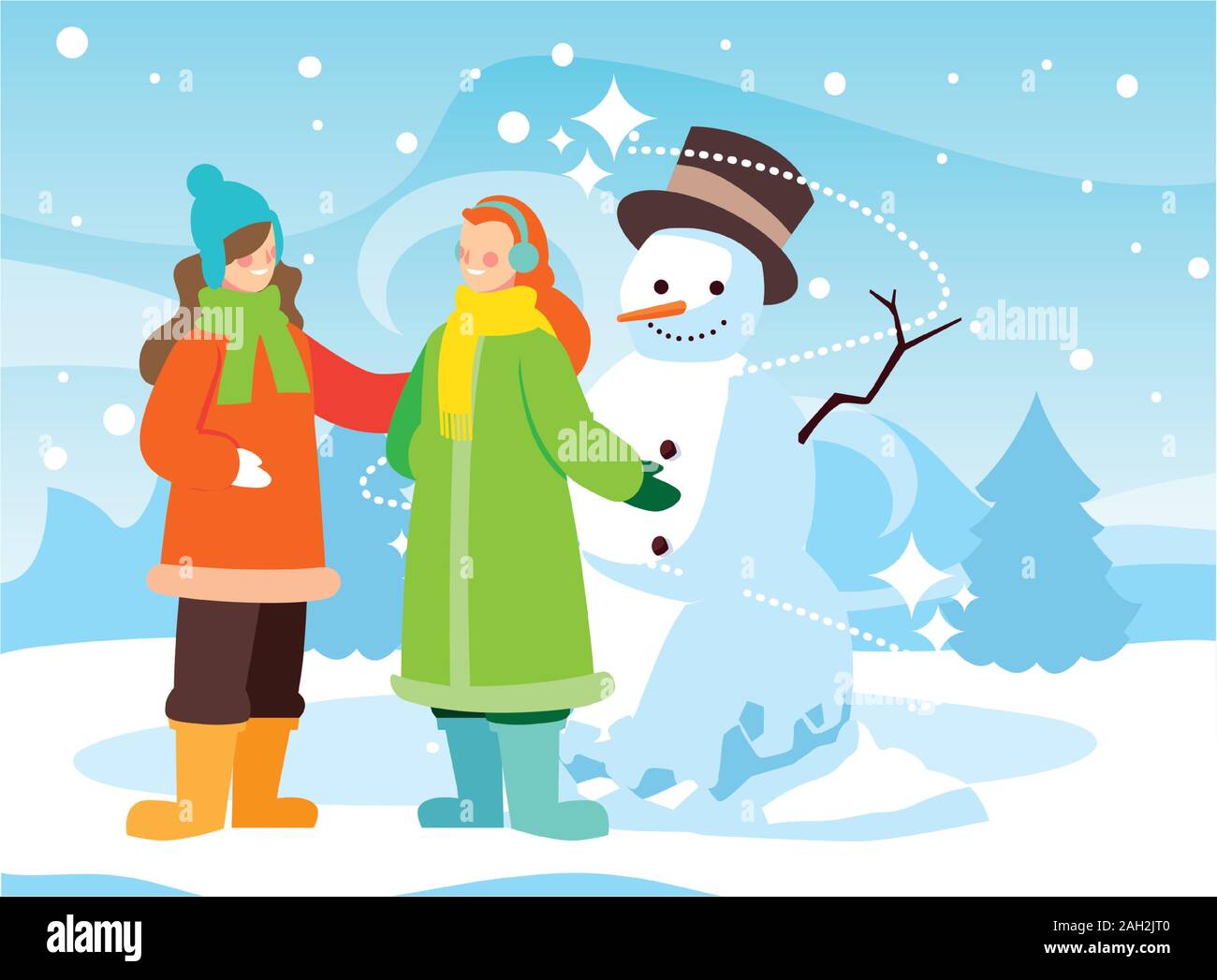women with snowman in winter landscape vector illustration design Stock ...