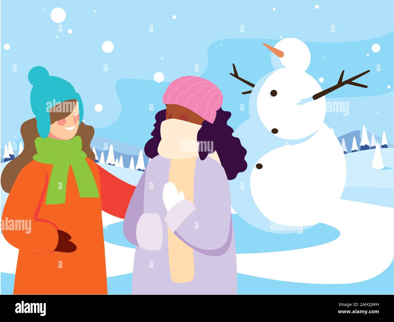 women with snowman in winter landscape vector illustration design Stock ...