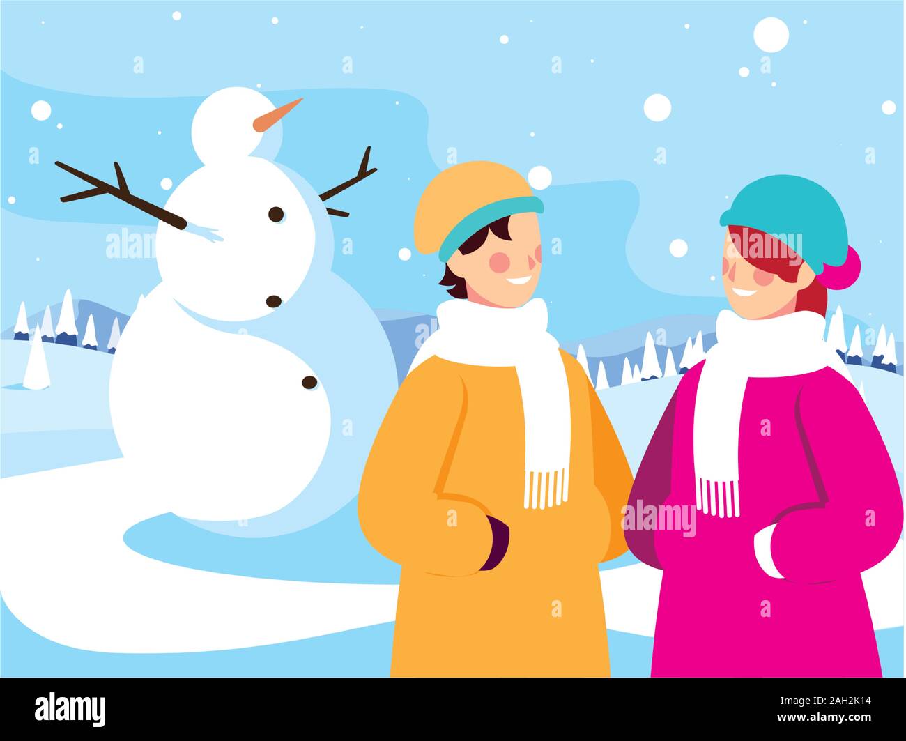 couple of people with snowman in winter landscape vector illustration ...