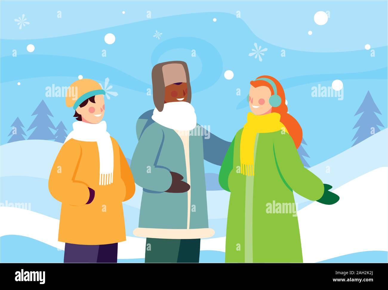 group of people with winter clothes in landscape with snowfall vector ...