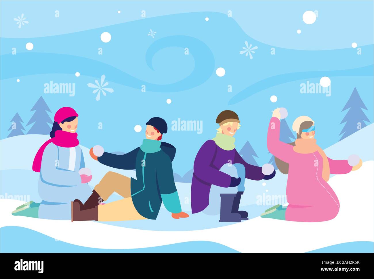 group of people with winter clothes in landscape with snowfall vector ...