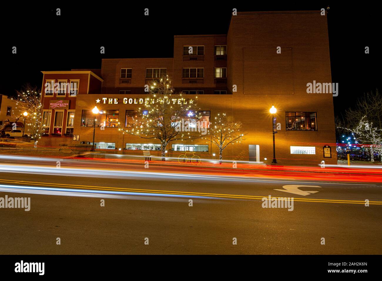 Light trails along street in downtown Golden, Colorado USA 2019 Stock ...