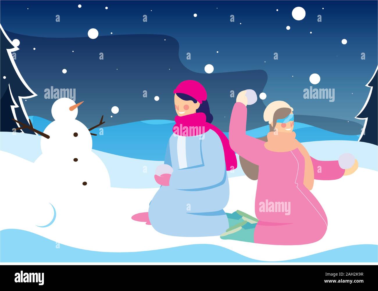 women with snowman in winter landscape vector illustration design Stock ...