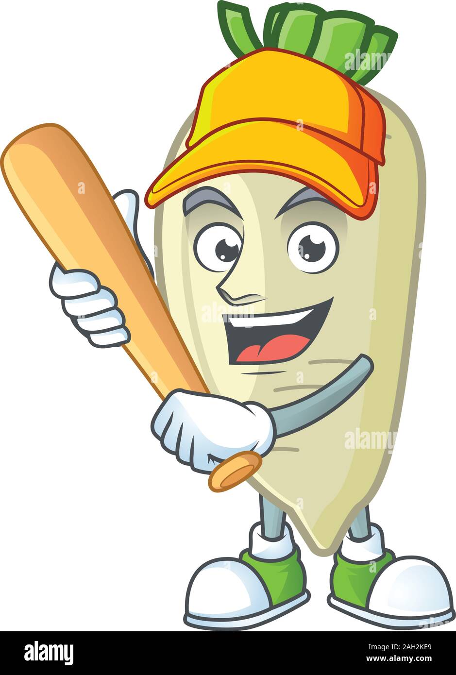 Funny smiling white radish cartoon mascot with baseball Stock Vector ...