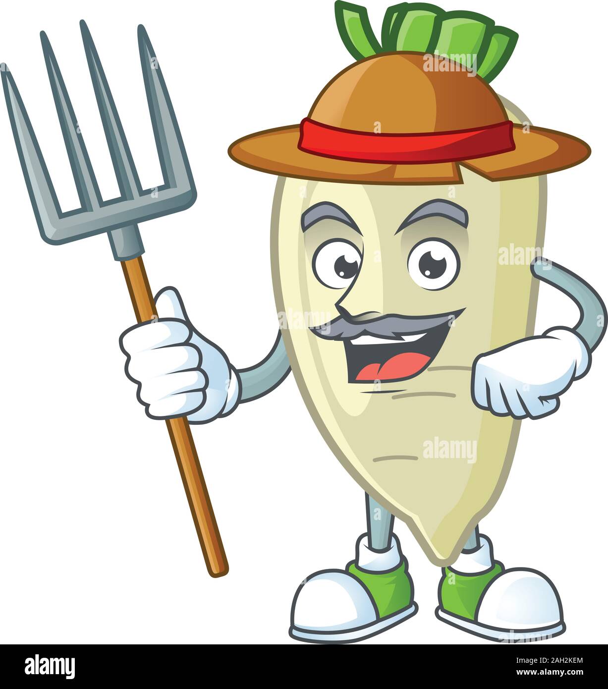 Happy Farmer white radish cartoon mascot with hat and tools Stock ...