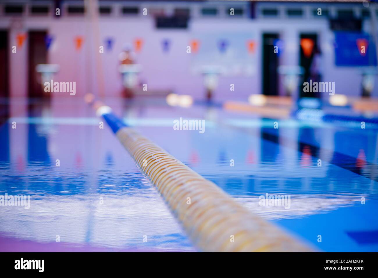 Close up of floating seperate line in swimming pool. Blue pool with ...