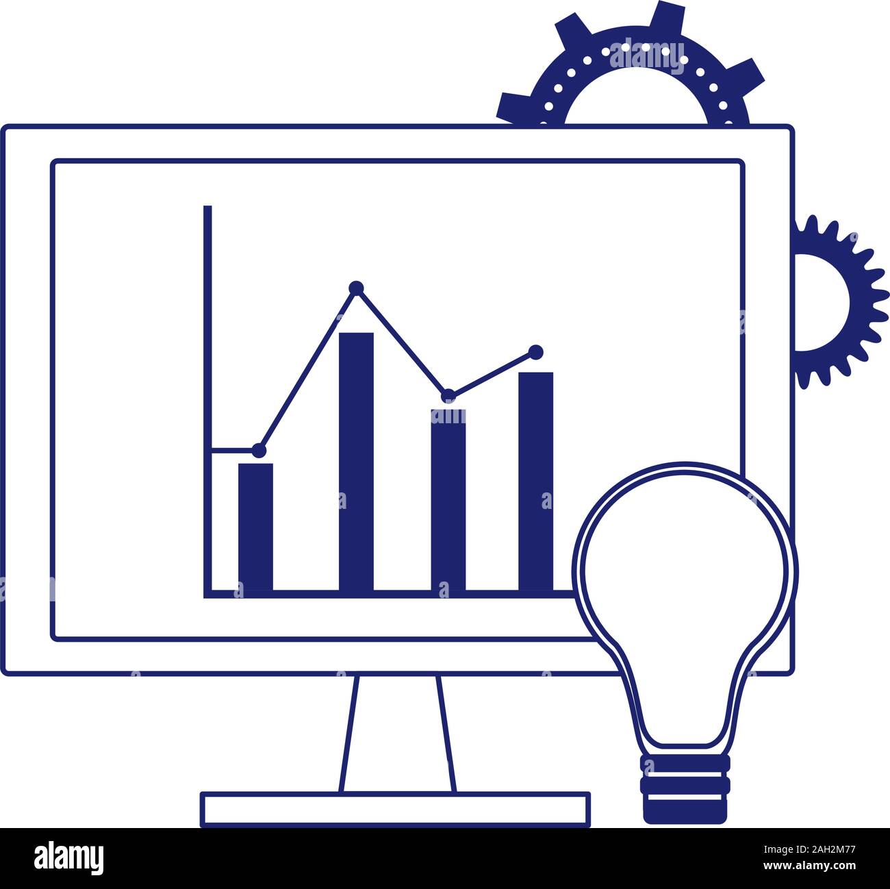 bulb light and computer with graphic chart on screen, flat design Stock ...