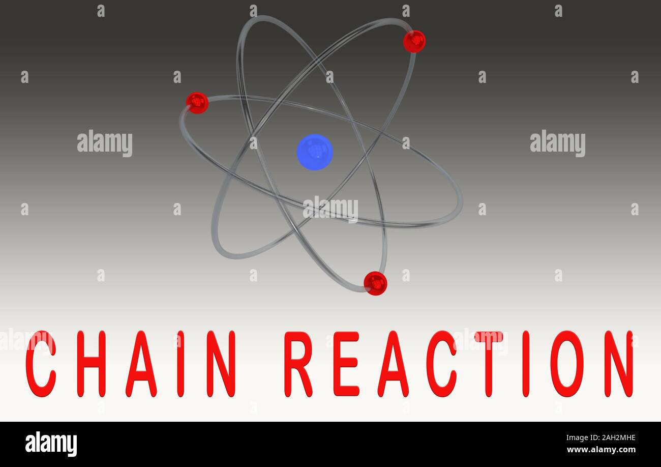3D illustration of an atom with CHAIN REACTION title, isolated on a ...