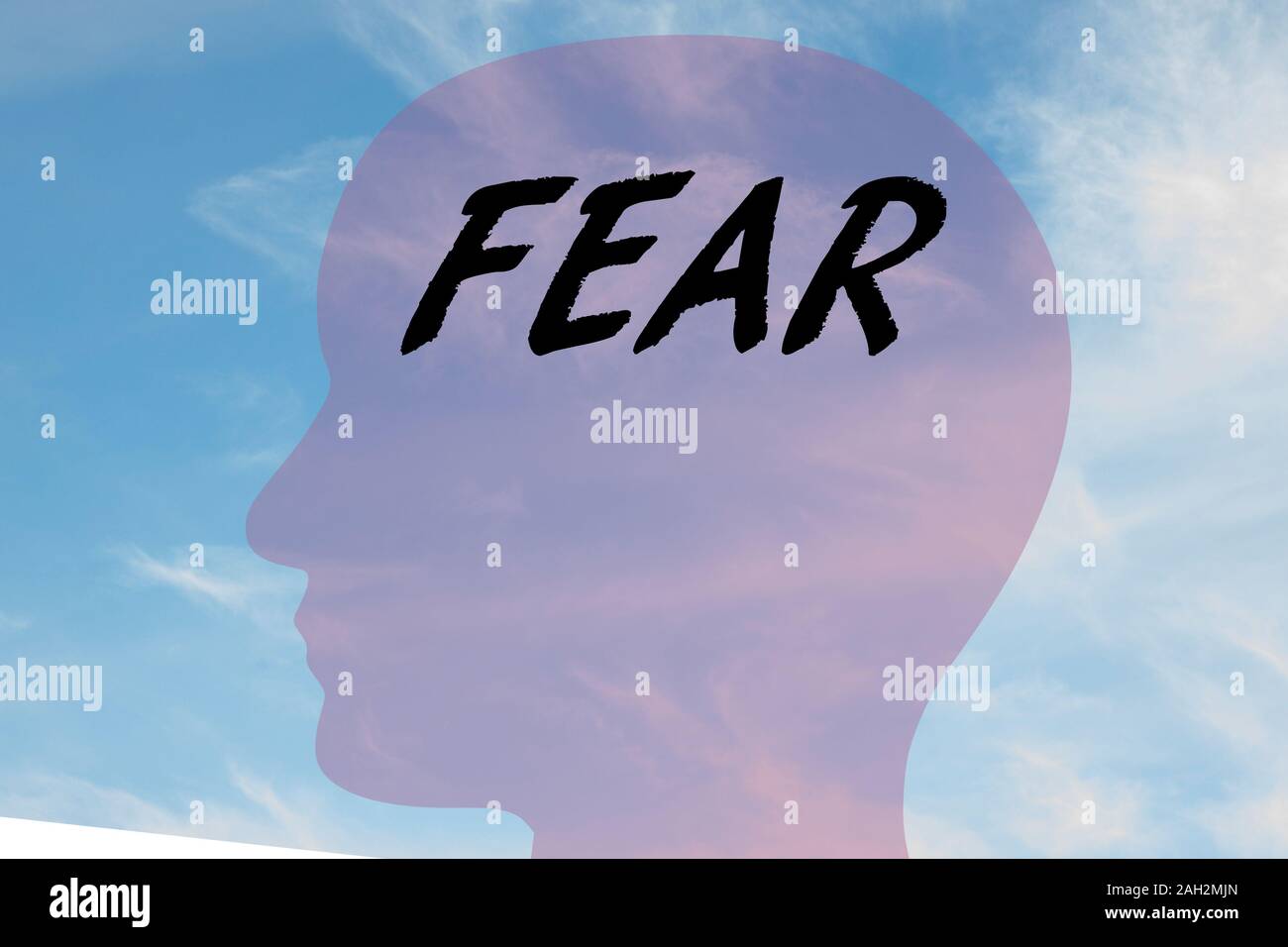 Render illustration of FEAR title on head silhouette, with cloudy sky ...