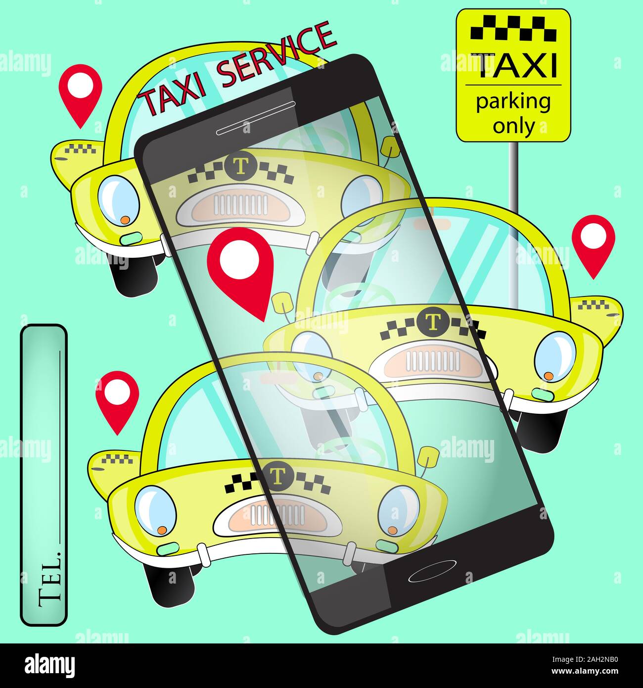 taxi service poster with car and smartphone. vector illustration on a ...