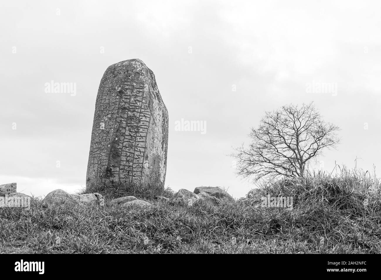 Ancient rune stone in black and white by Karlevi at the swedish island ...