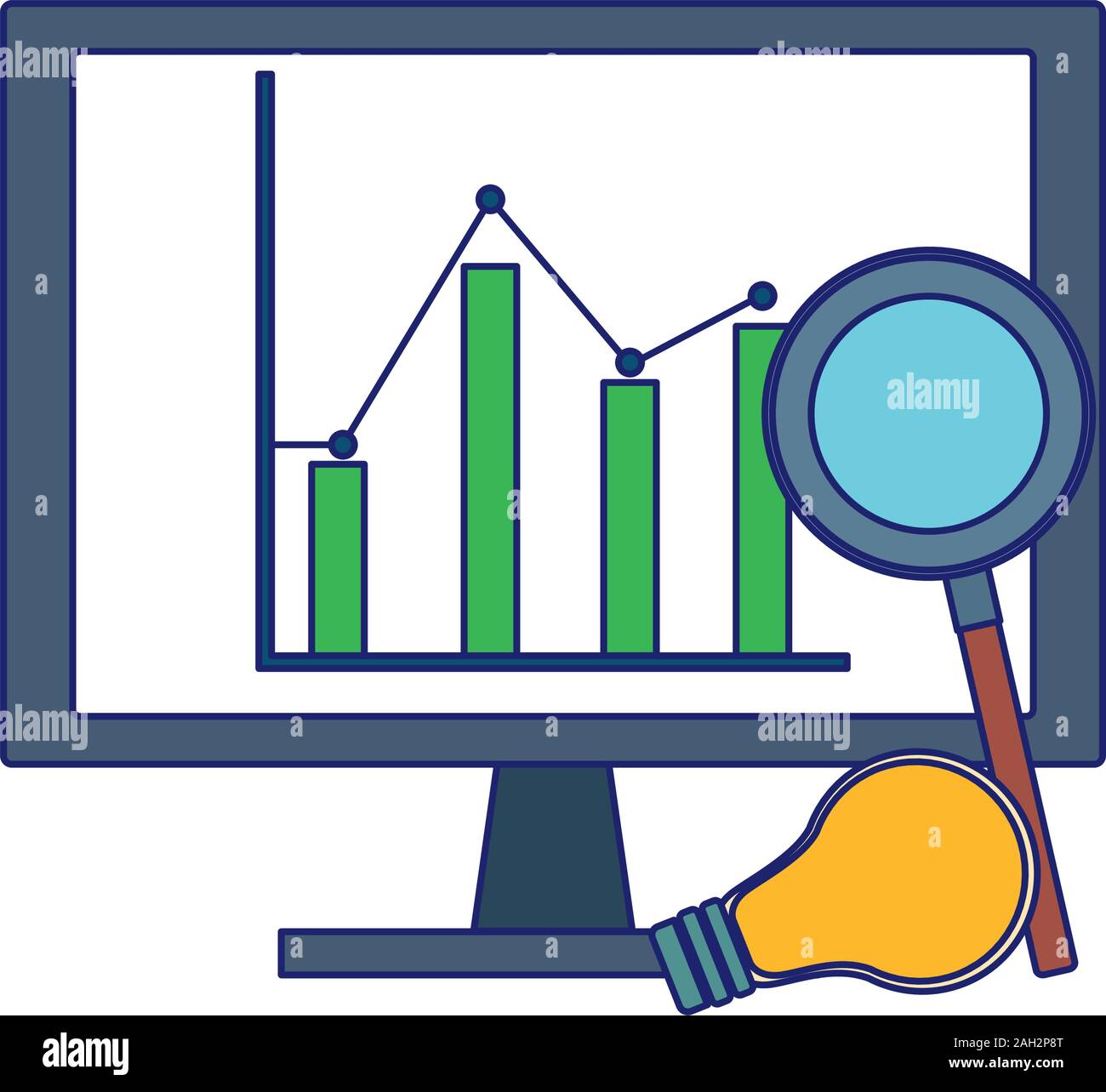 computer with graphic chart and magnifying glass, colorful design Stock ...