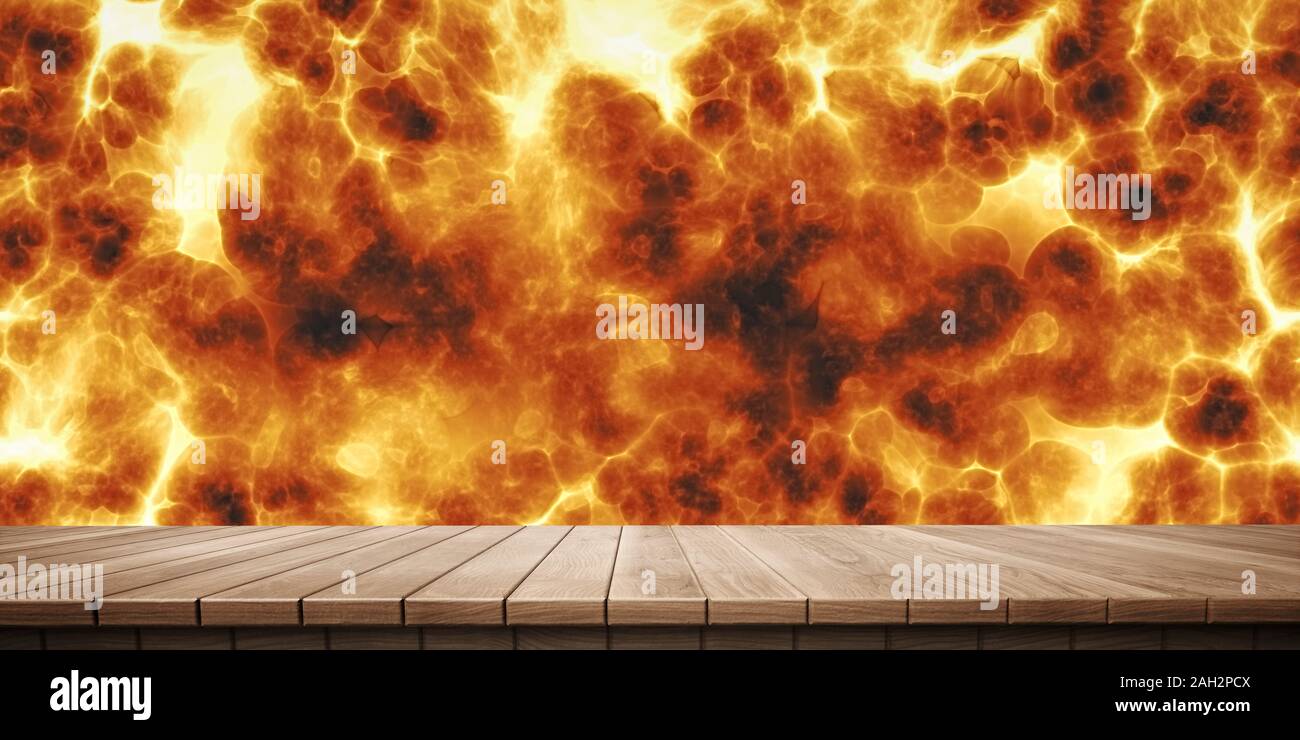 Colorful wooden platform background: fire and flame. ( 3D rendering ...