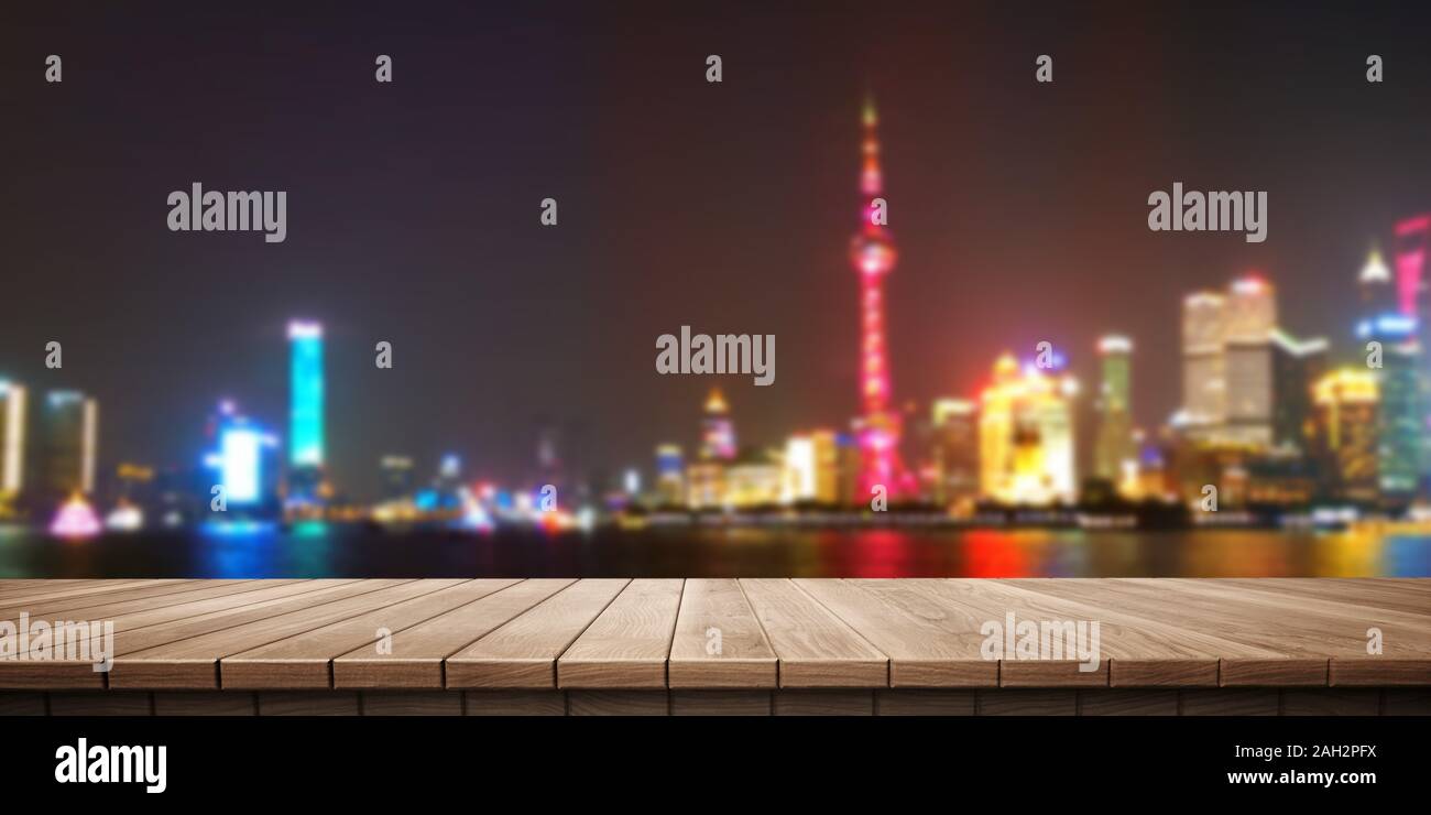 Colorful wooden platform landscape: Huangpu river at night, Shanghai ...