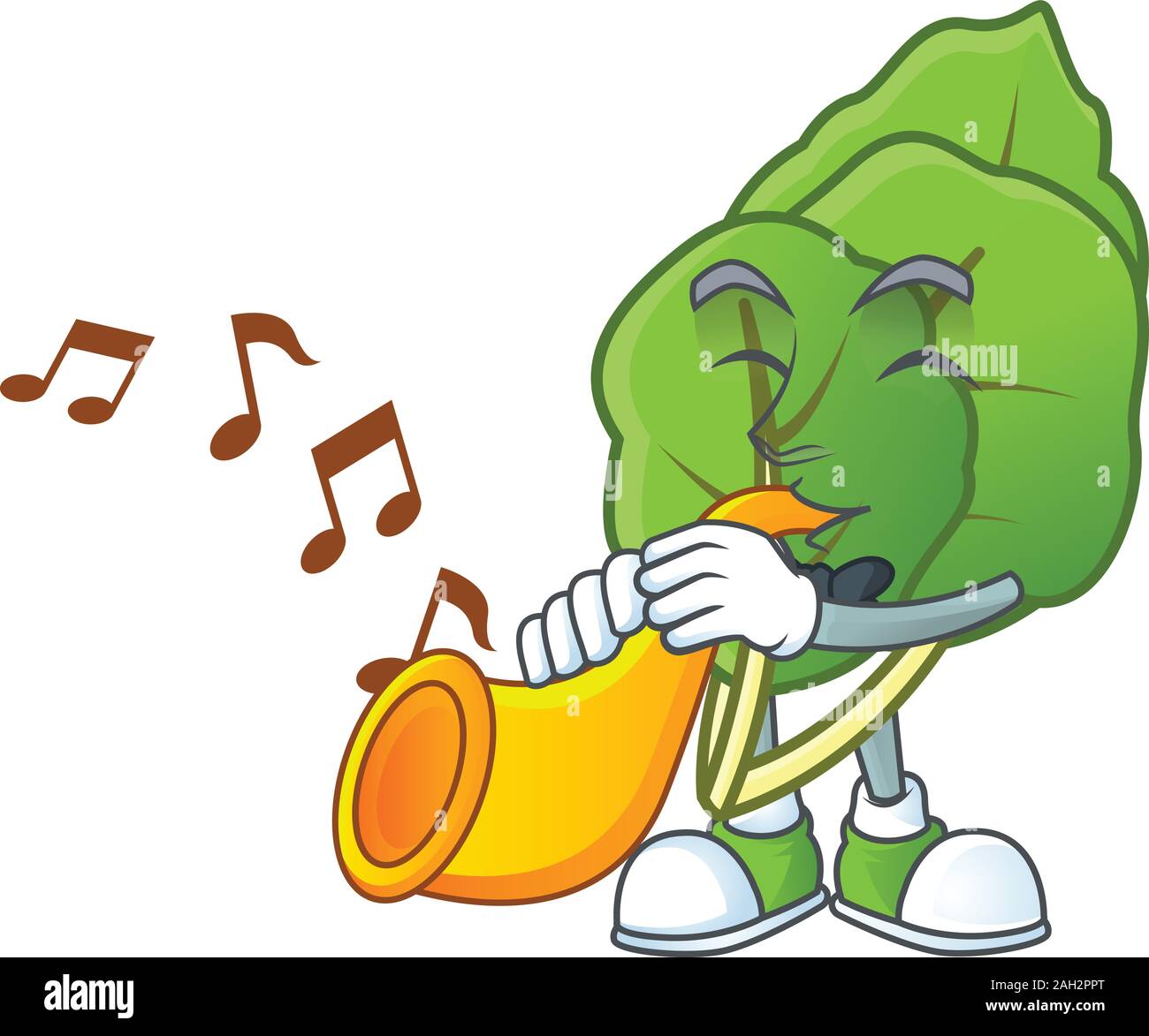 Cheerful collard greens cartoon character performance with trumpet ...