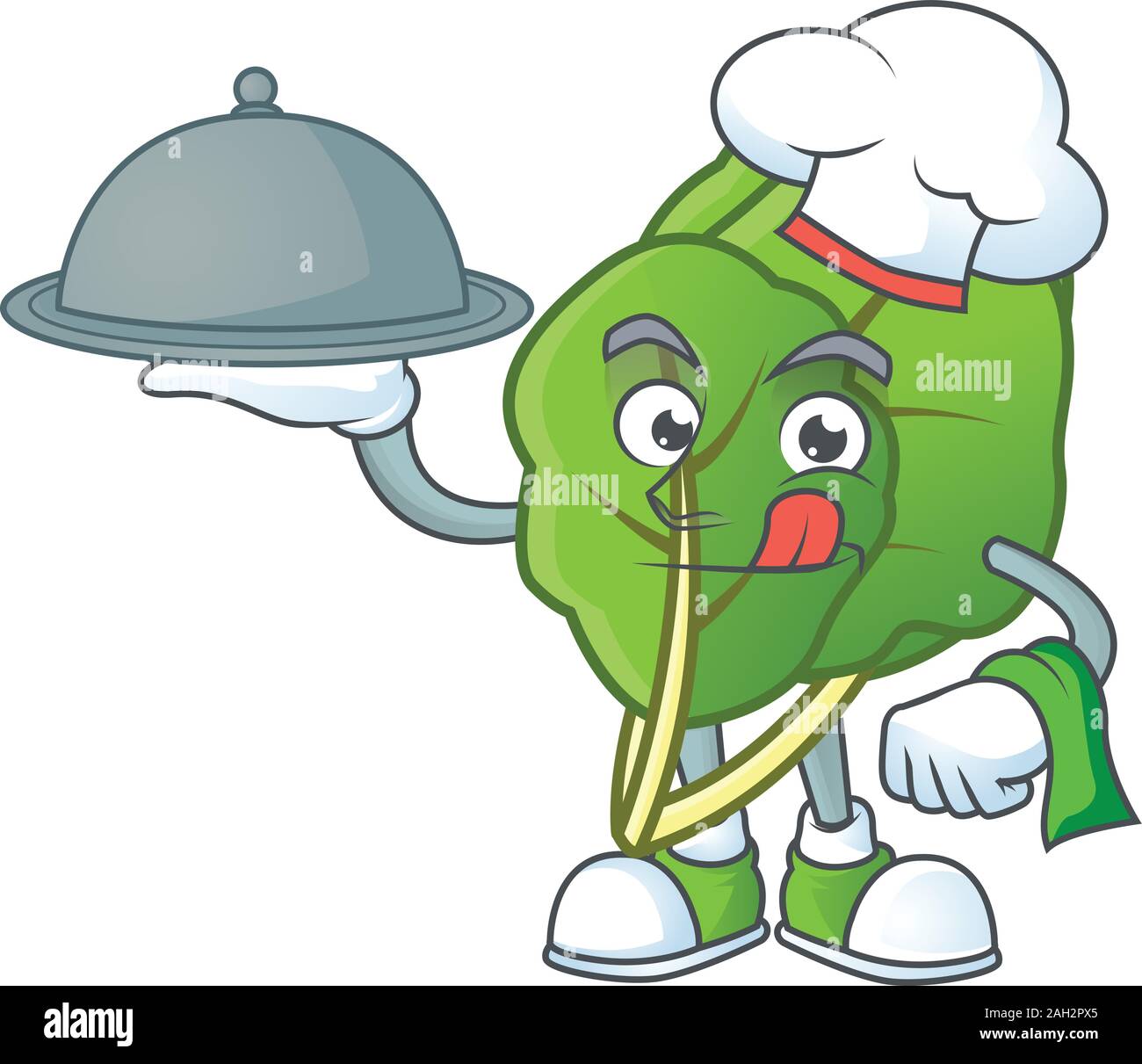 Cute collard greens as a Chef with hat and tray cartoon style design ...