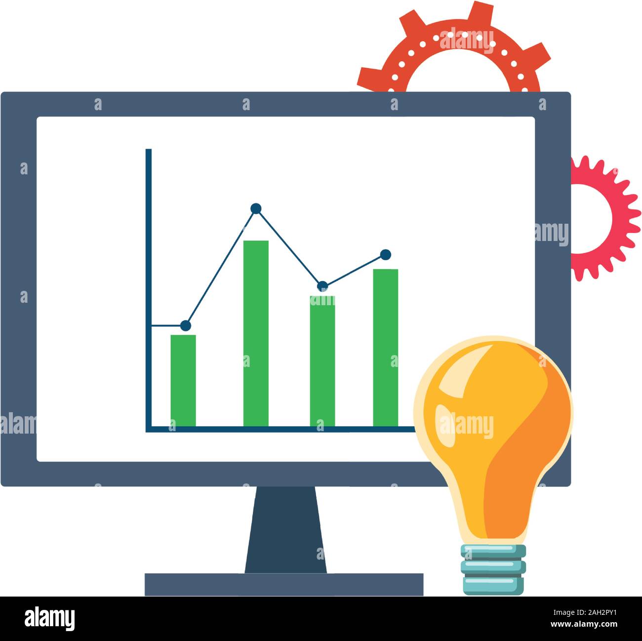 bulb light and computer with graphic chart on screen, colorful design ...