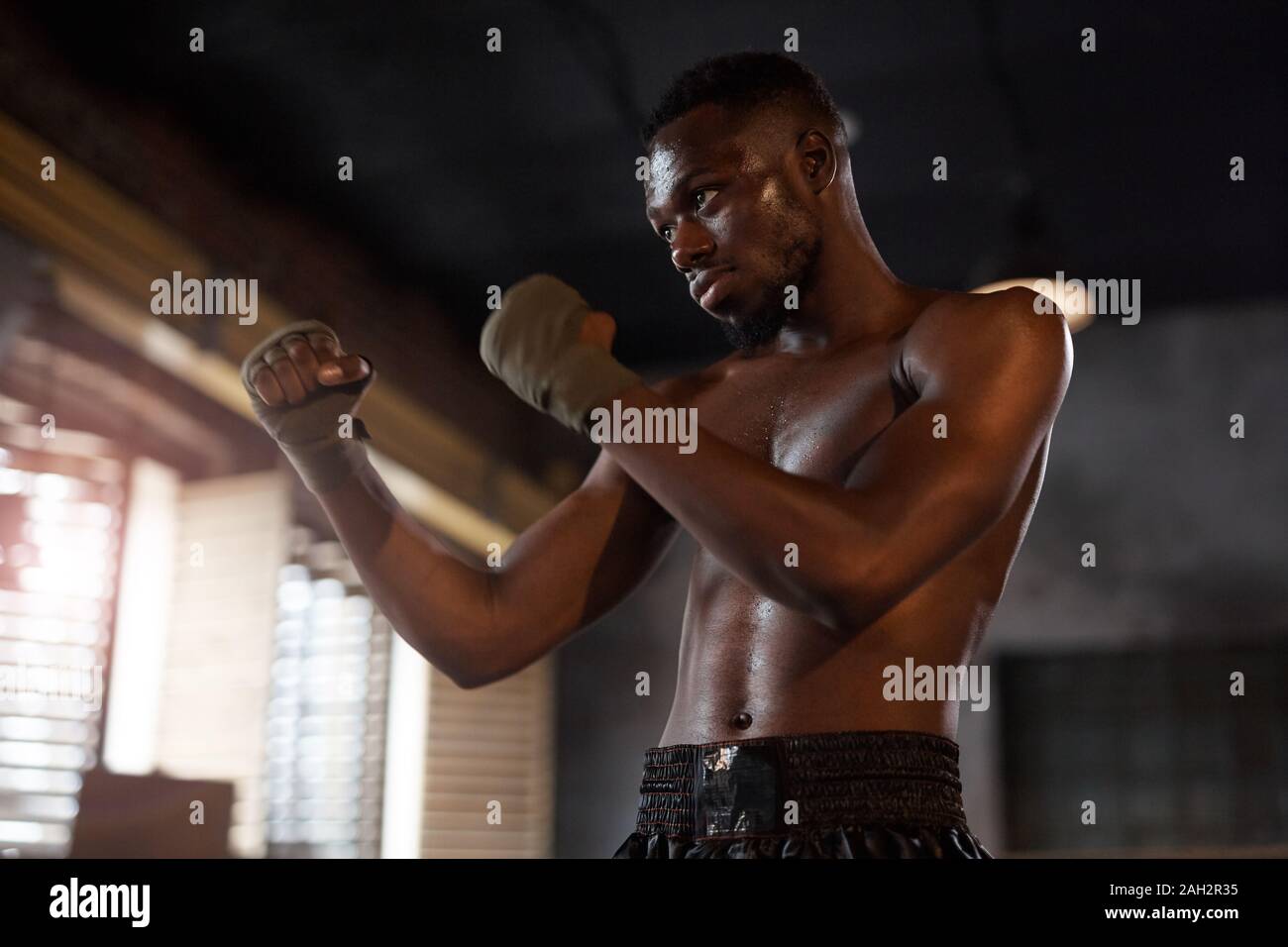 Muscular African boxer has a sports training he standing and fighting ...