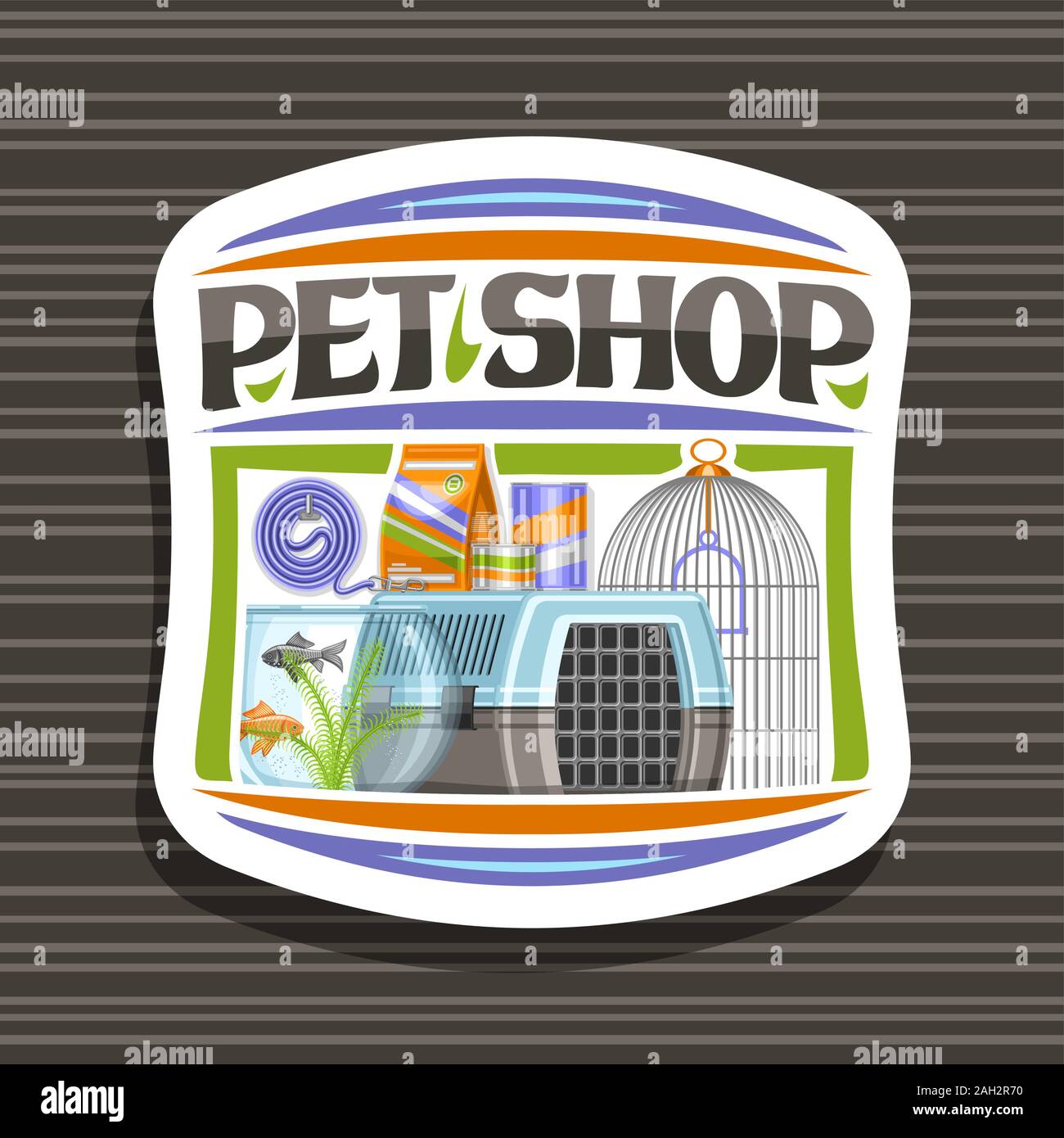 Vector logo for Pet Shop, white decorative label with illustration of ...