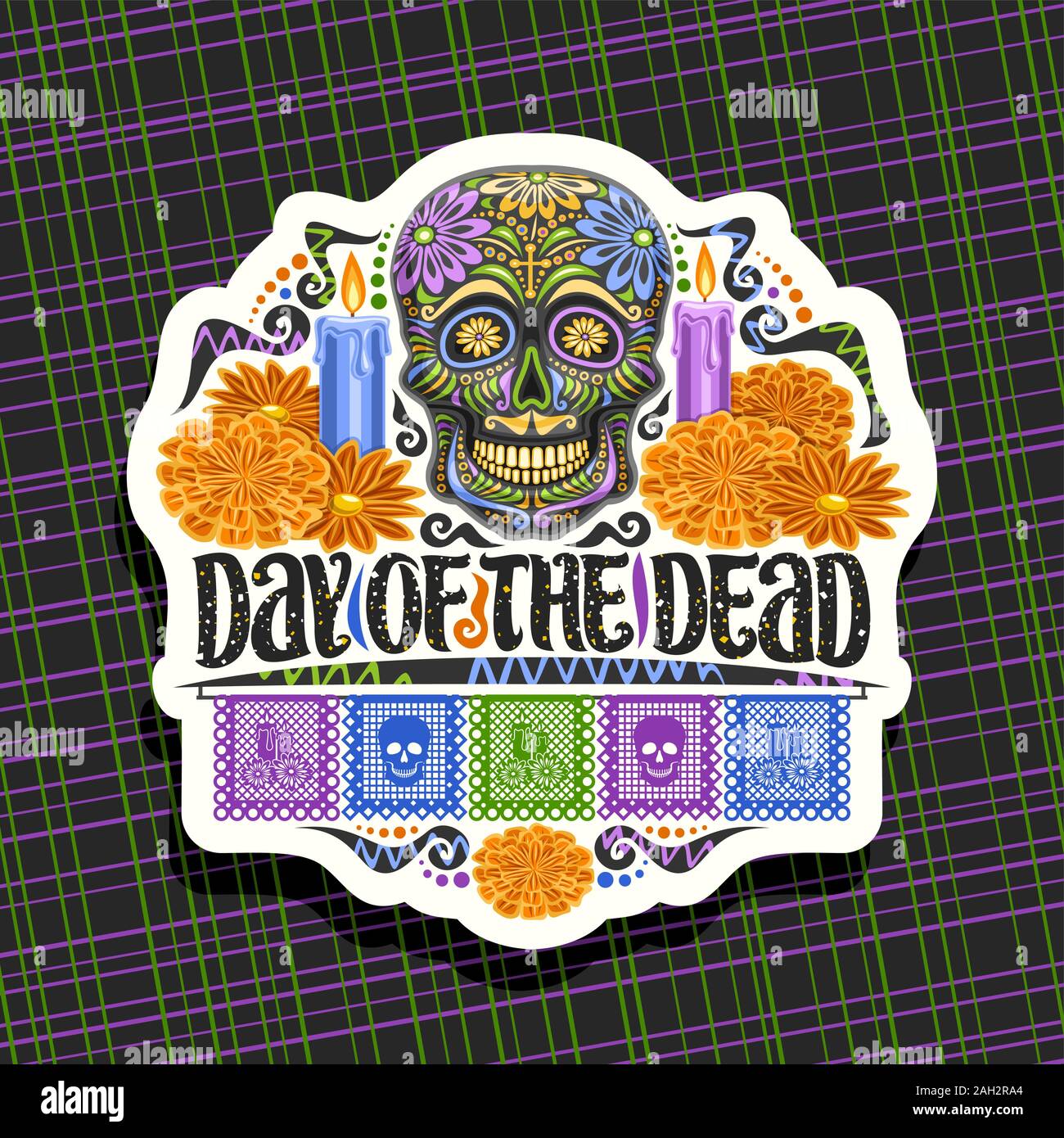 Vector logo for Day of the Dead, white decorative badge with ...