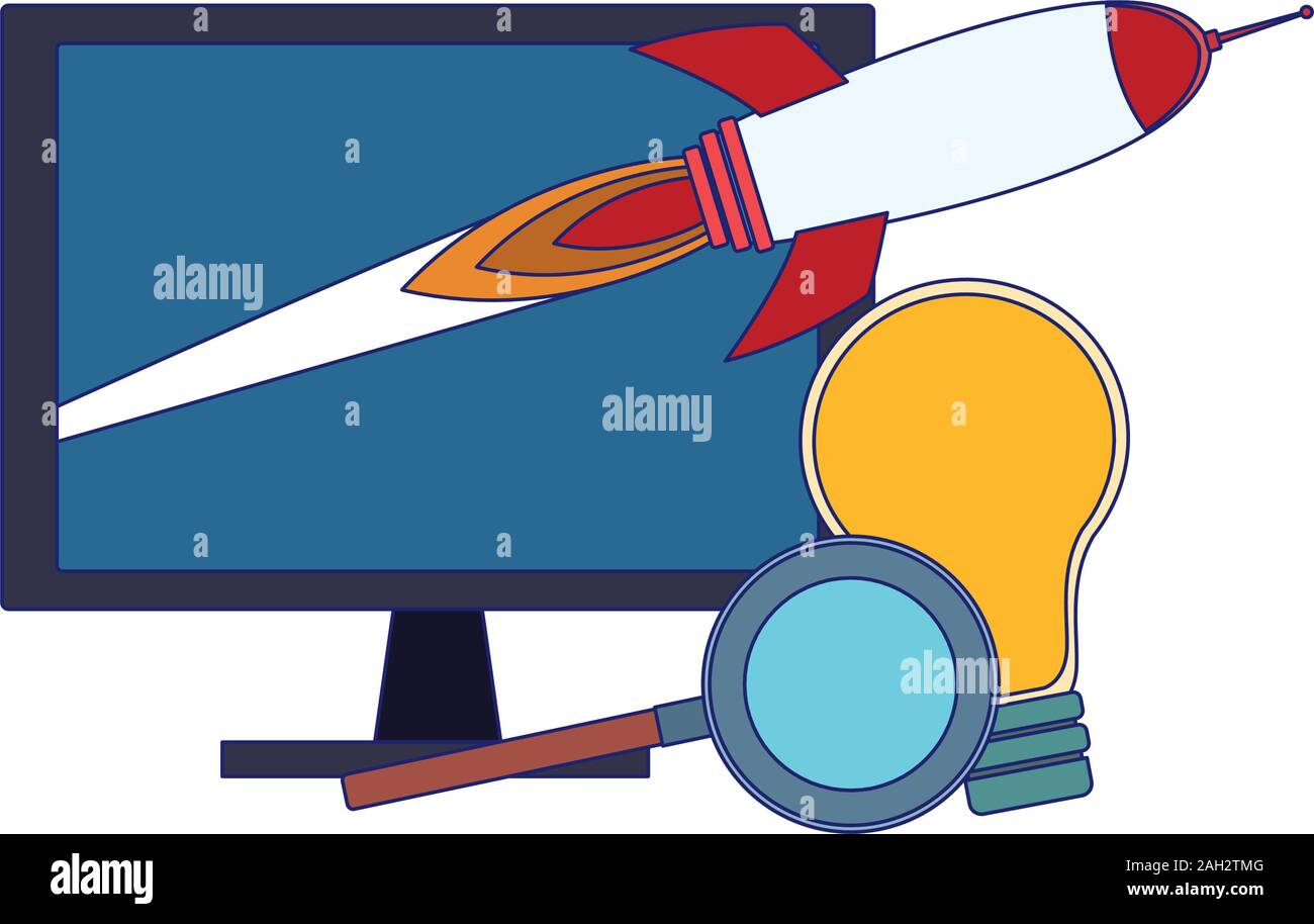 computer with rocket space and light bulb and magnifying glass ...