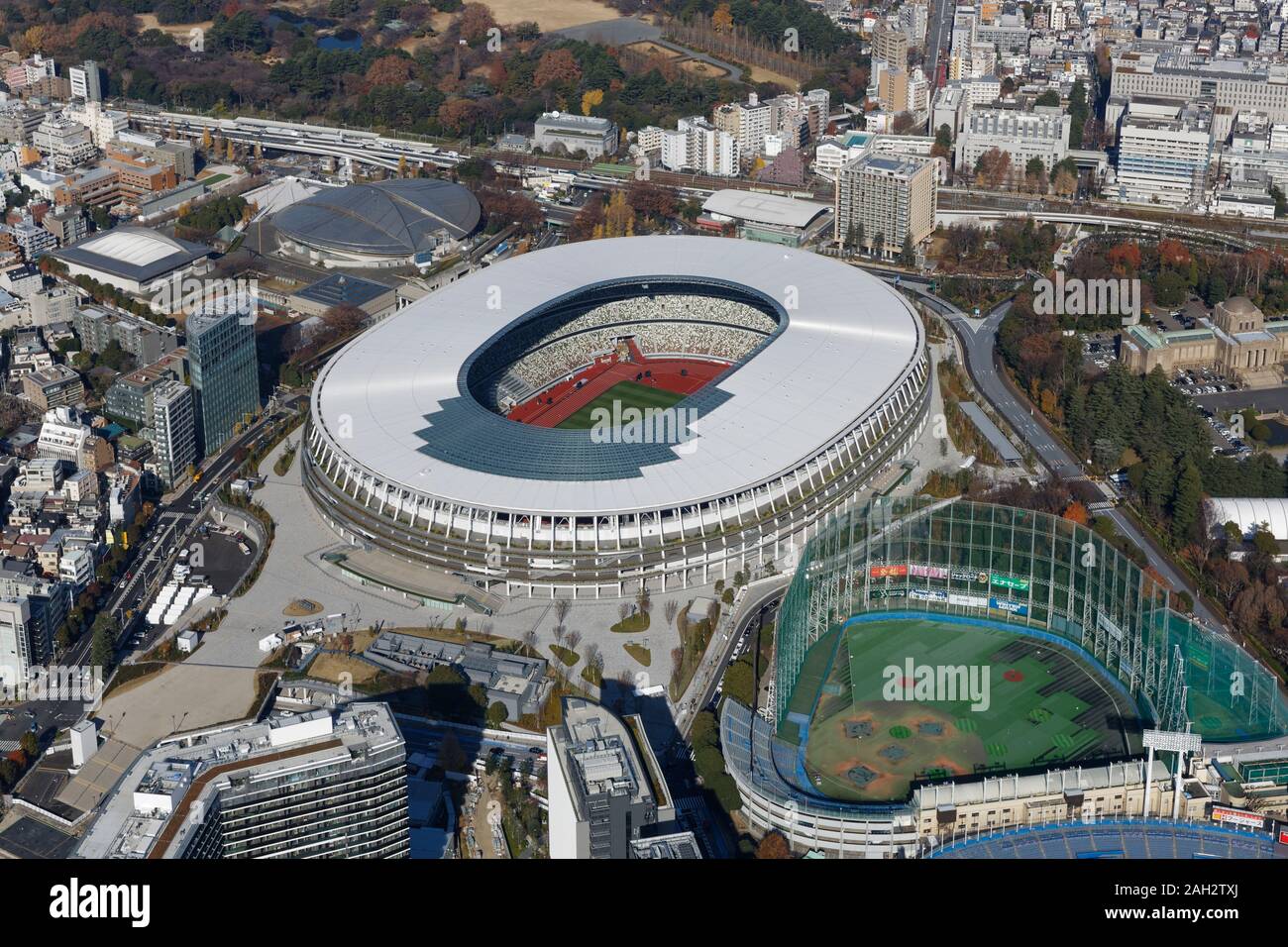 An aerial view of the New National Stadium in Tokyo, Japan on December ...