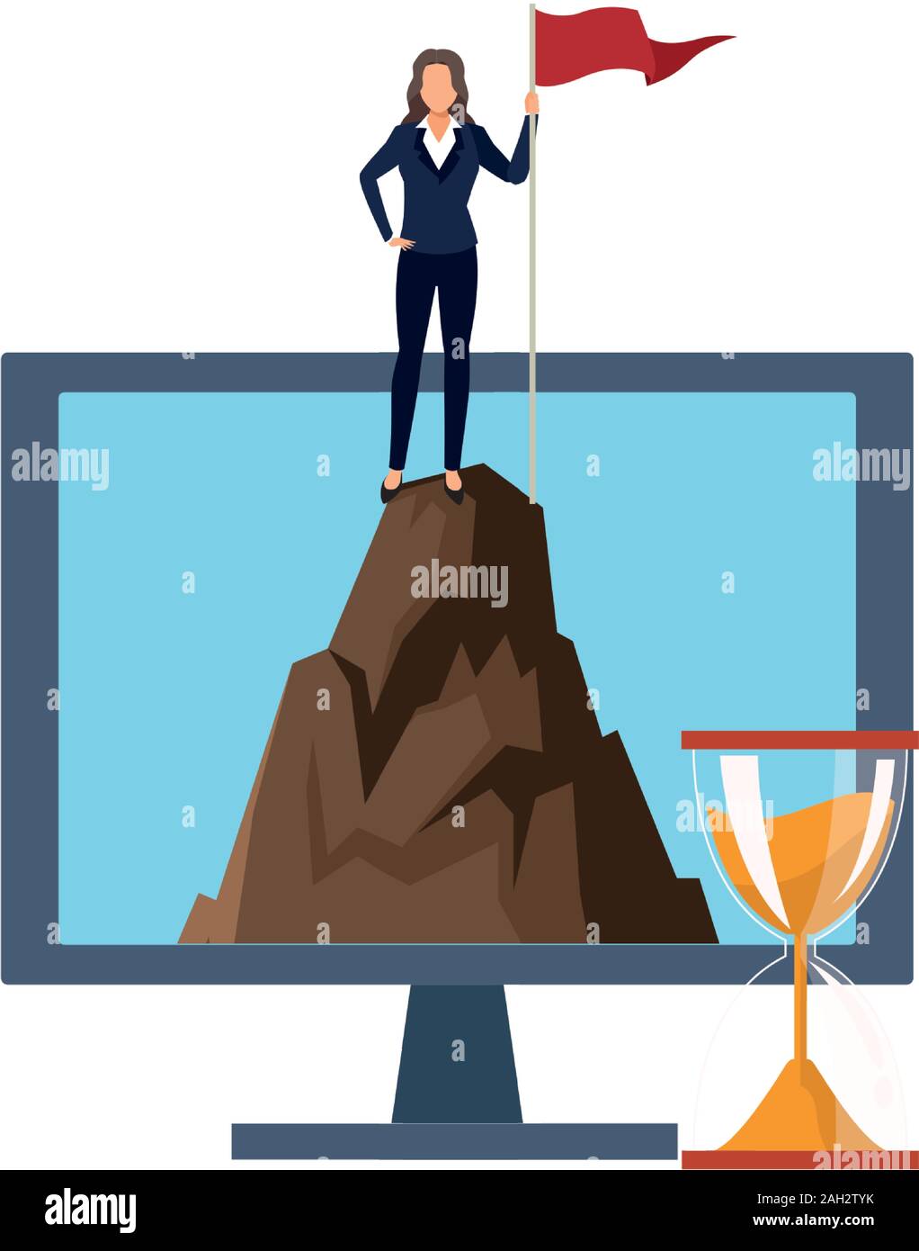 computer with hill with businesswoman on top and hourglass Stock Vector ...