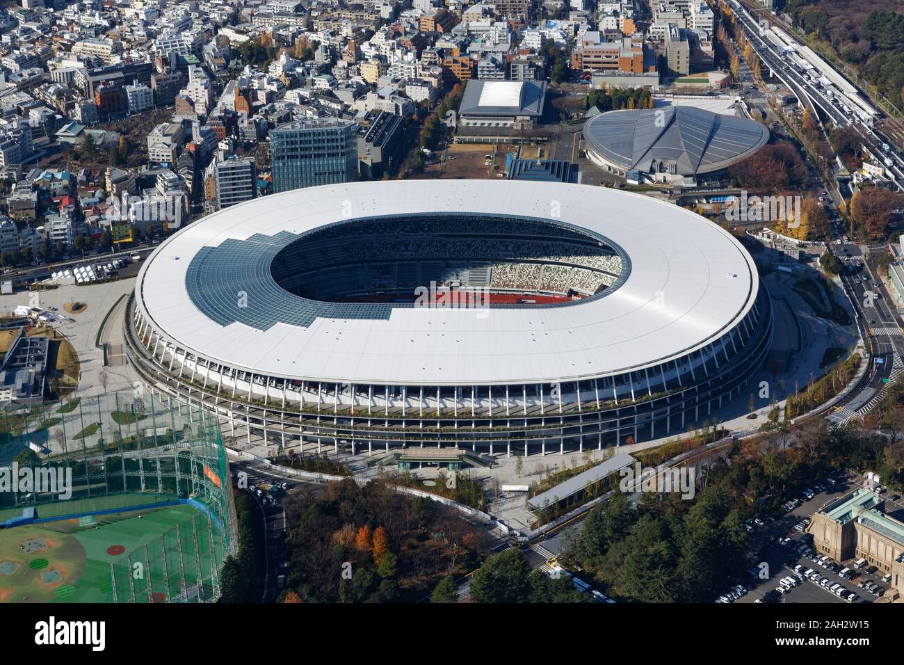 An aerial view of the New National Stadium in Tokyo, Japan on December ...