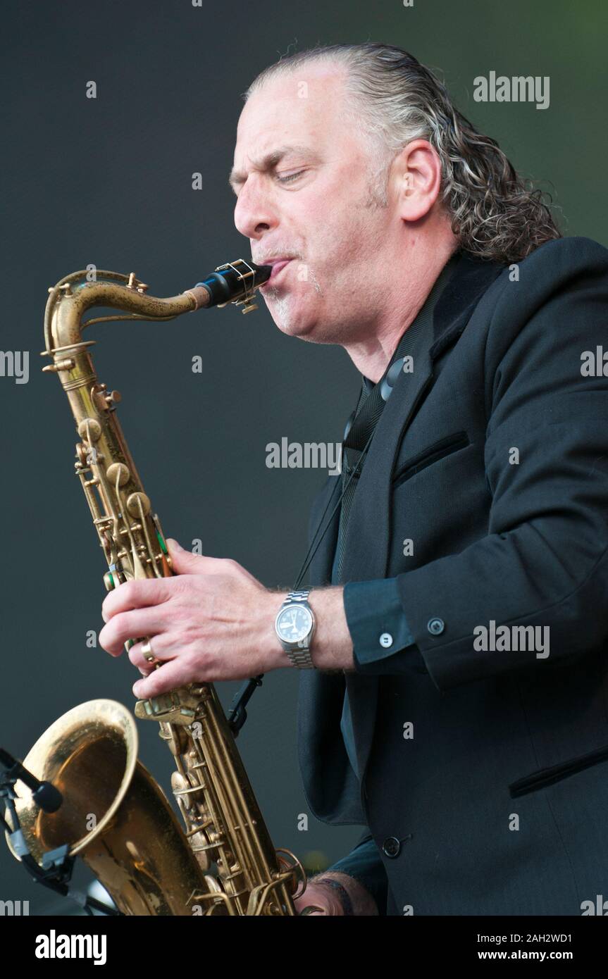 Saxophonist Dave Lewis of The Blockheads performing at Fairport's ...