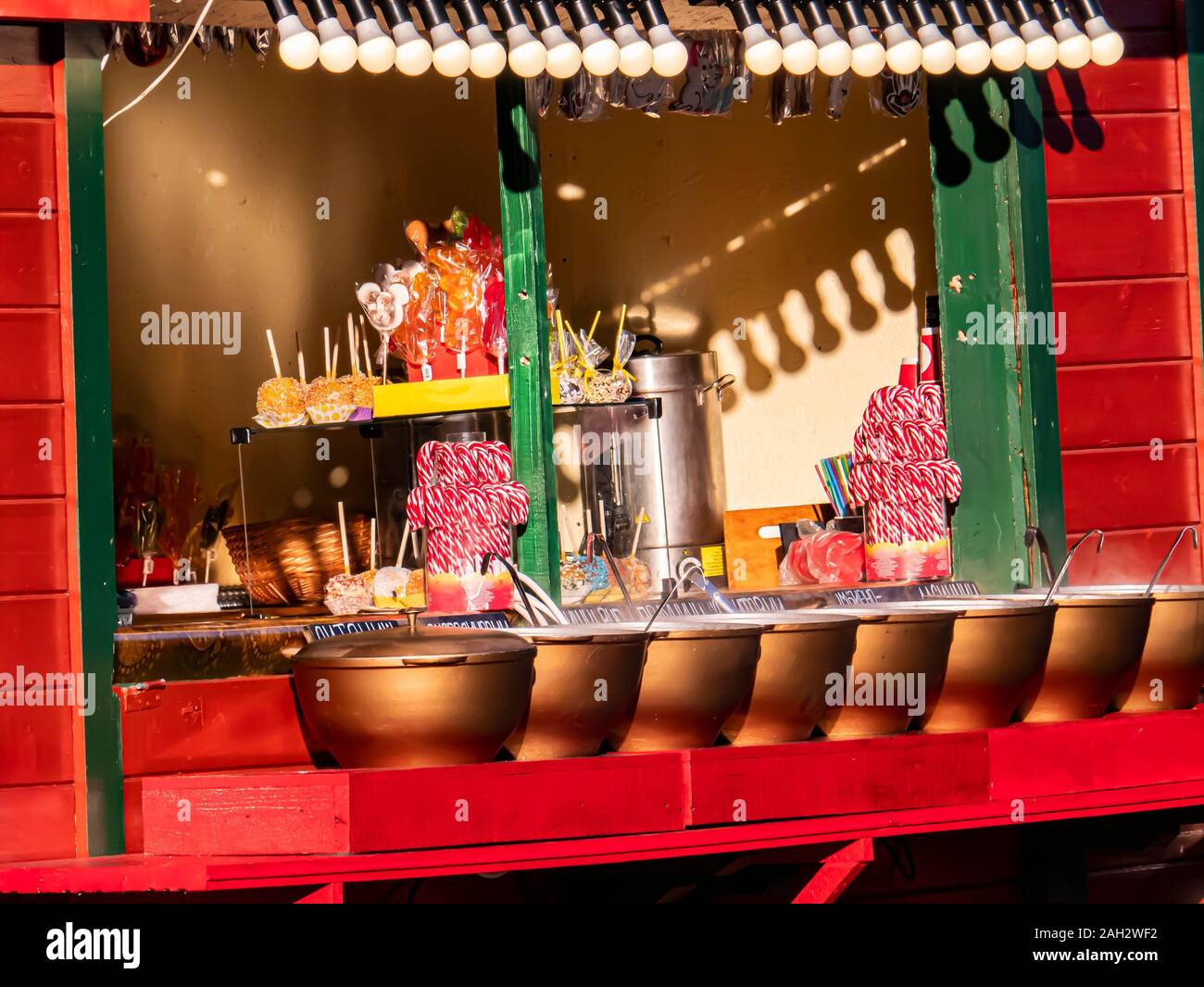 Showcase food counter in an outdoor street cafe. Food photo. Menu ...