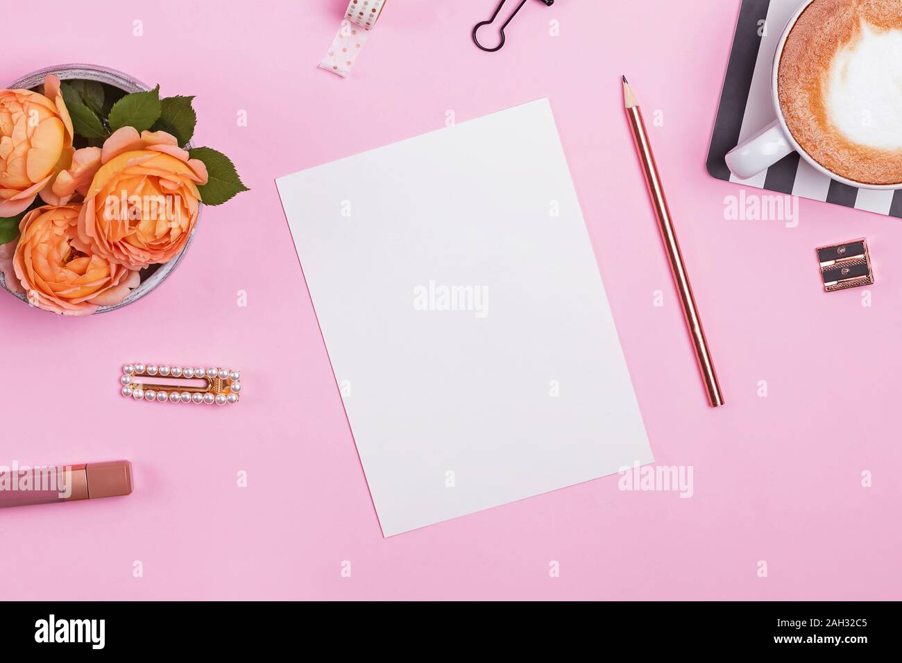 Styled stock photo with blank paper mock-up on the pink table with ...
