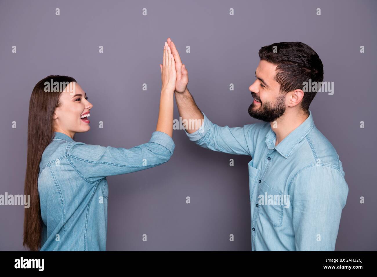 Close-up profile side view portrait of two her she his he nice ...