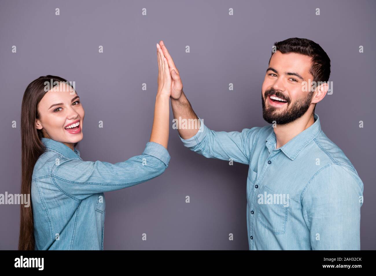 Close-up profile side view portrait of two her she his he nice ...