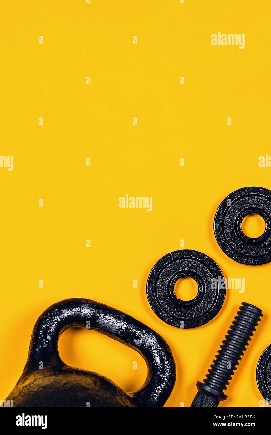 Sports vertical composition. Yellow background with black sports ...