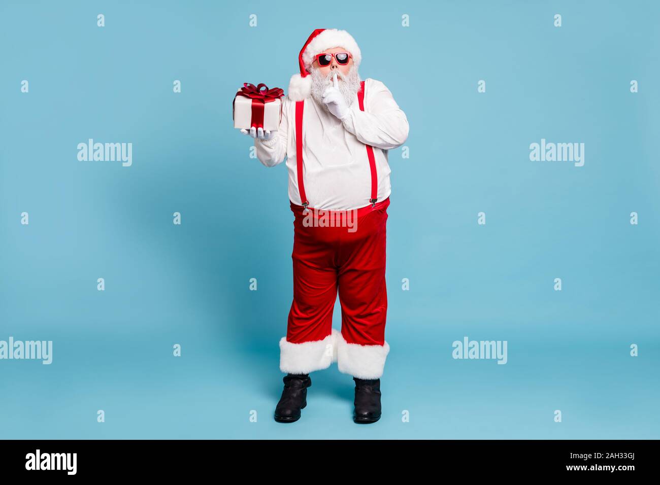 Full length photo of funny funky fat modern santa claus with big belly ...