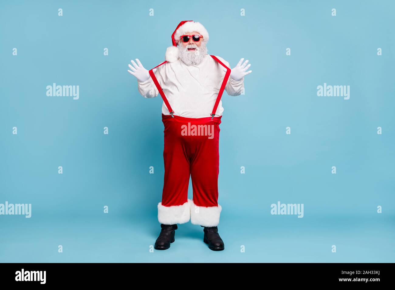 Full size photo of funny funky fat santa claus with big belly abdomen ...