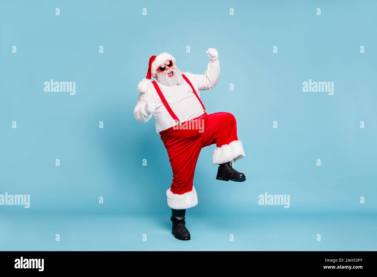 Full body photo of crazy funny funky fat santa with big belly raise ...