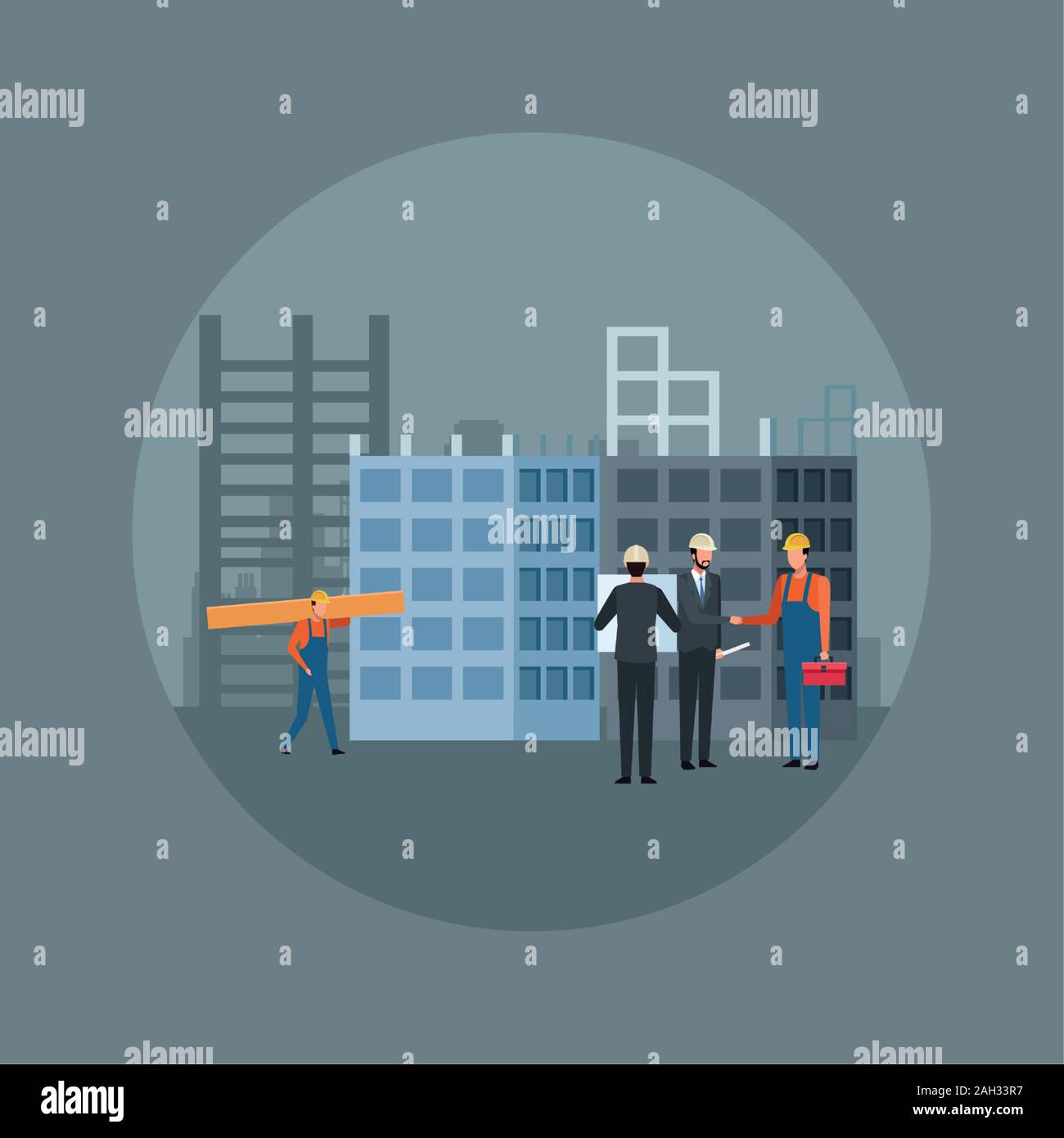 under construction scenery with engineers and builders over gray ...