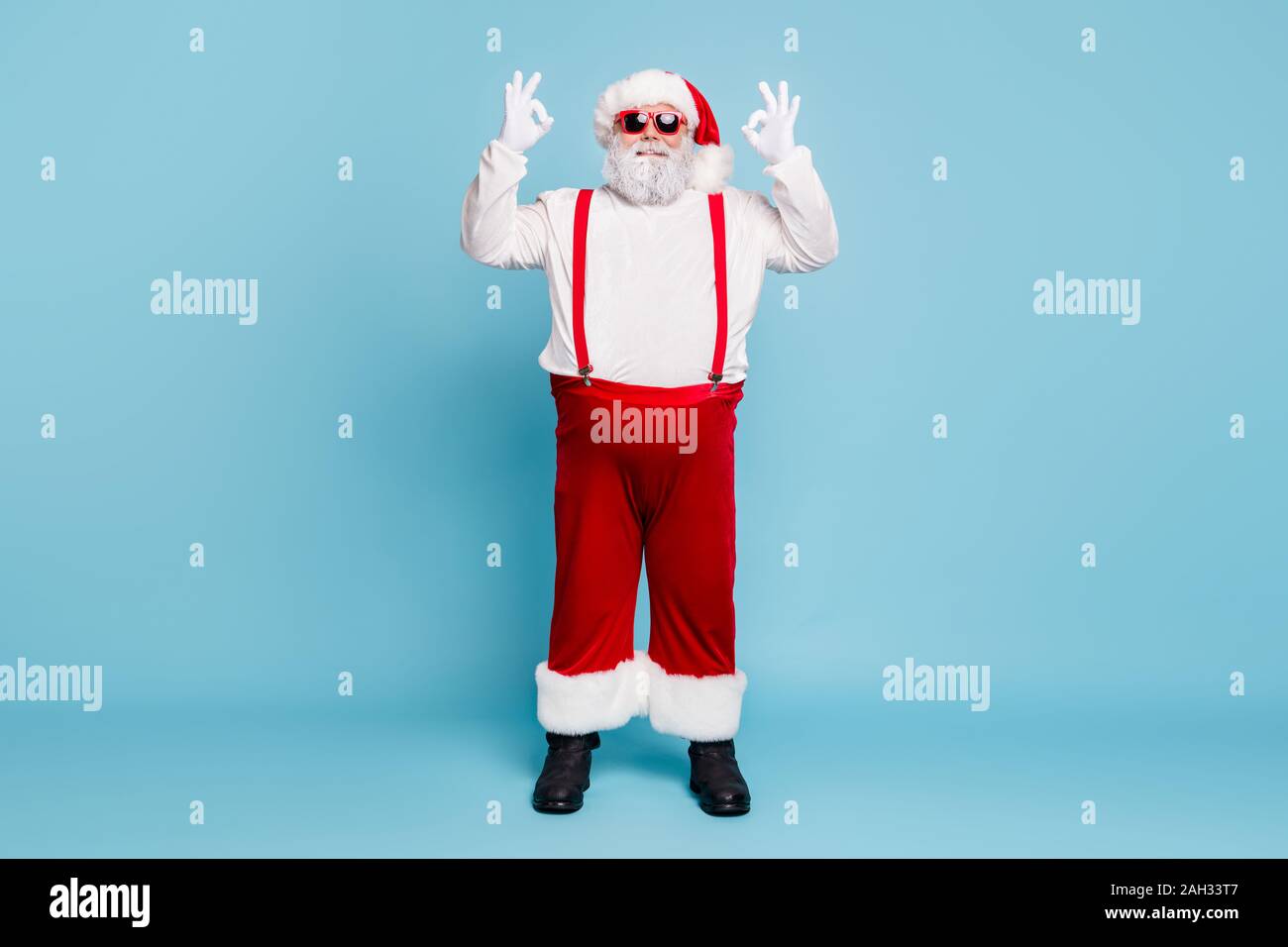 Full length photo of fat funny funky christmas father with big belly ...