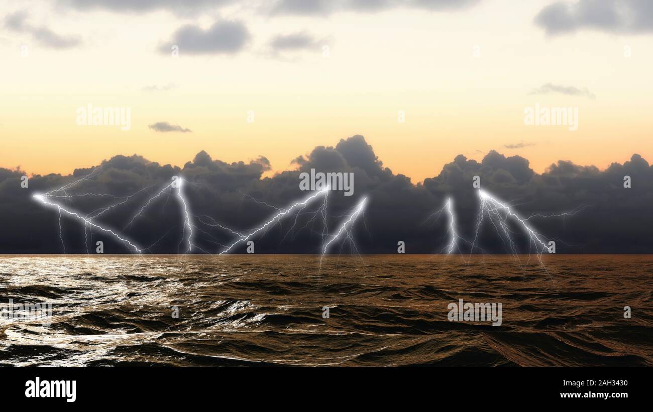 Lightning strikes on the sea surface in stormy sea in the Atlantic ...