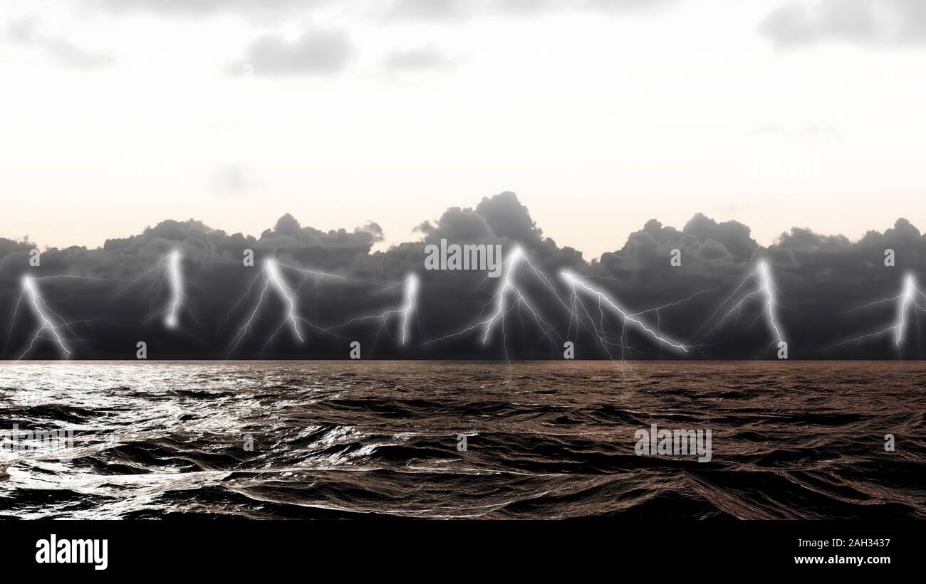 Lightning strikes on the sea surface in stormy sea in the Atlantic ...
