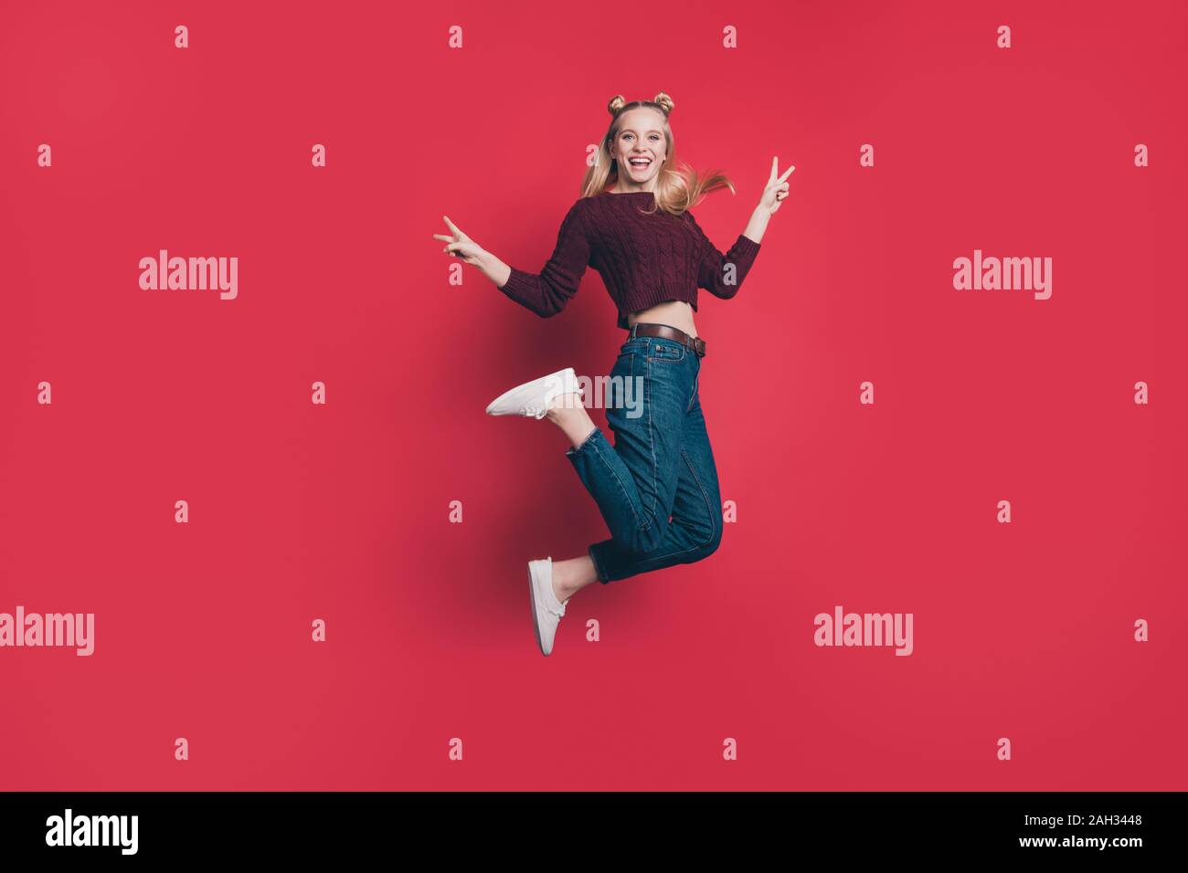 Full body photo of emotional glad nice lucky delightful lady teenager ...