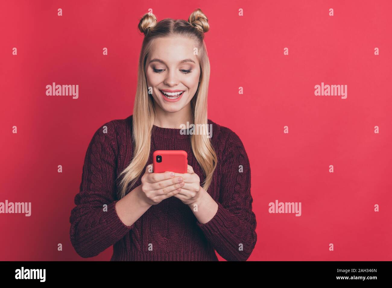 Photo of amazing influencer lady holding telephone in hands reading ...