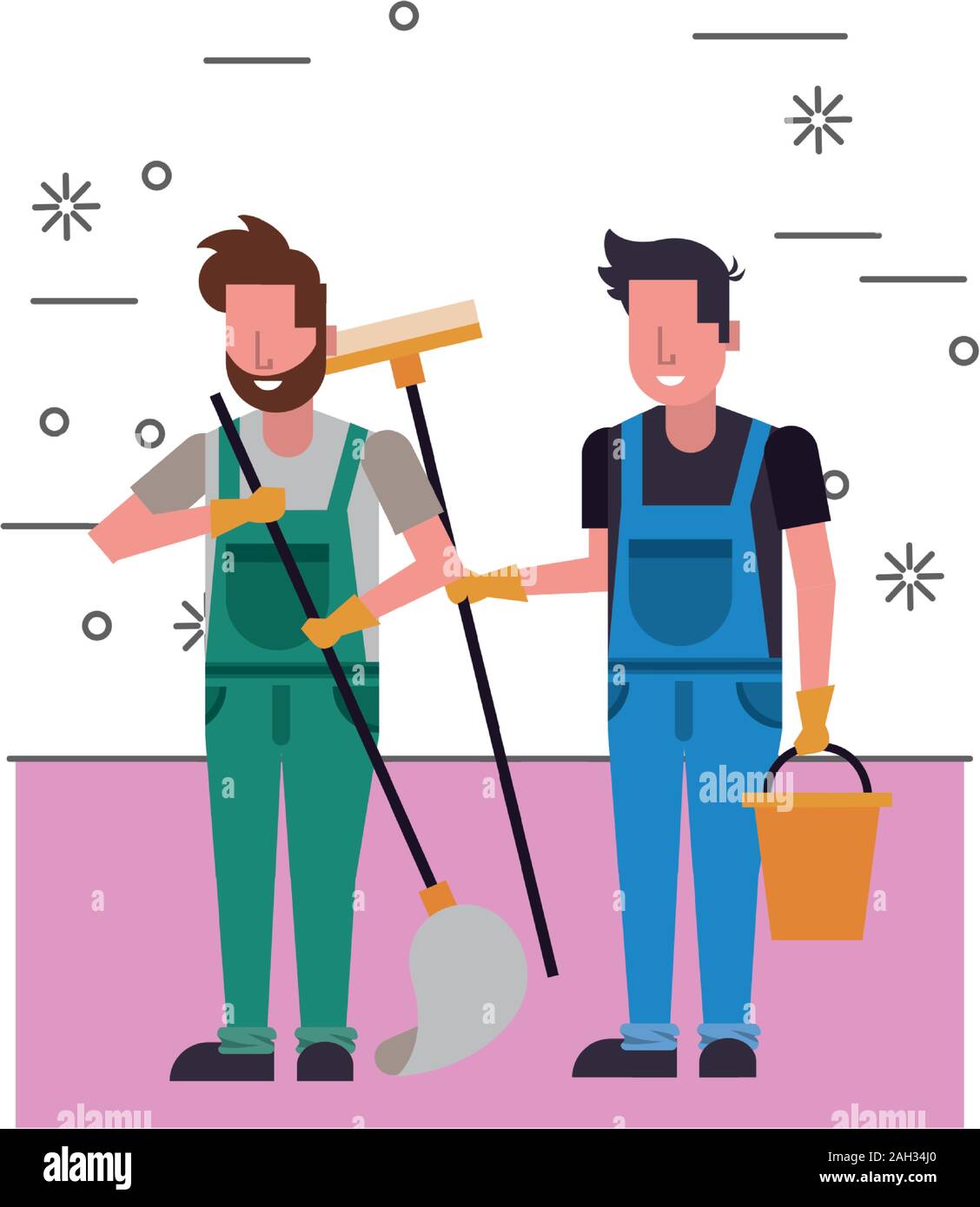 housekepping male workers with equipment characters Stock Vector Image ...