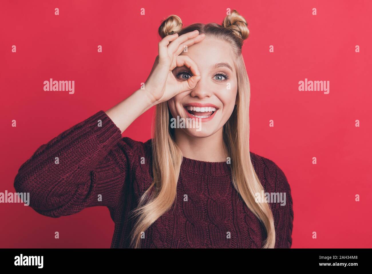 Closeup Photo Of Pretty Lady Showing Okey Symbols Near Eyes In Specs Form Looking Far Away Wear