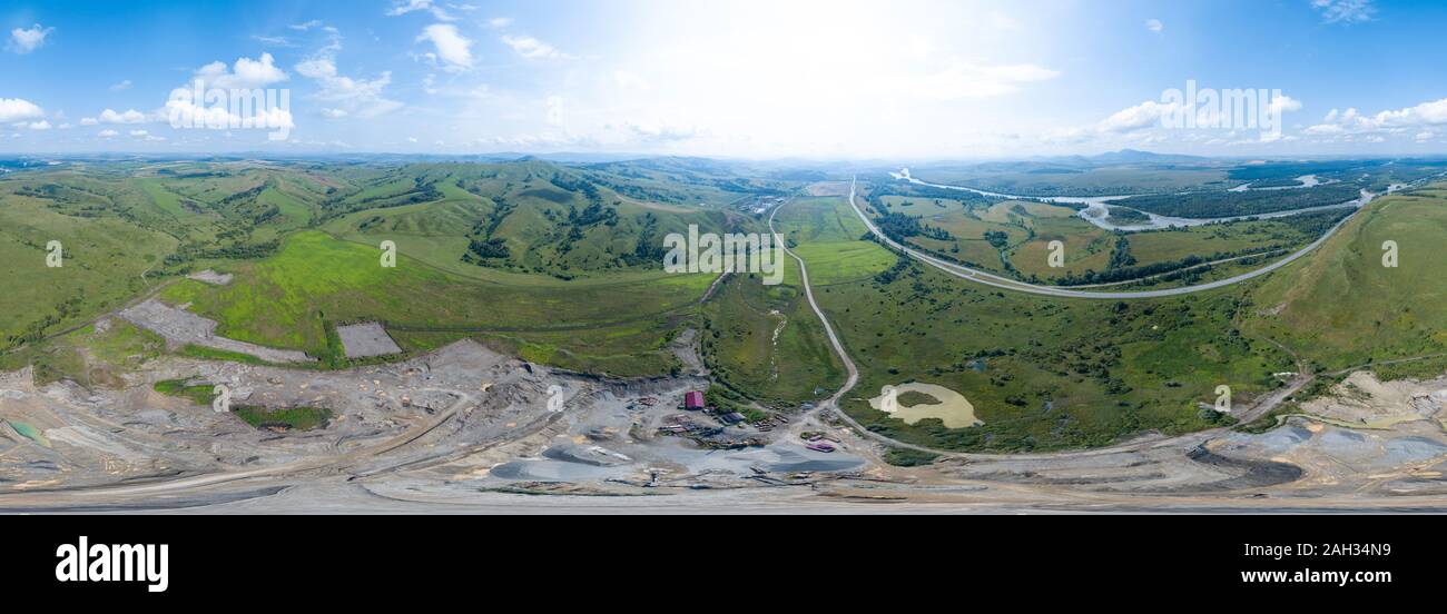 Aerial view 360 panoramic of opencast mining quarry minerals with many ...