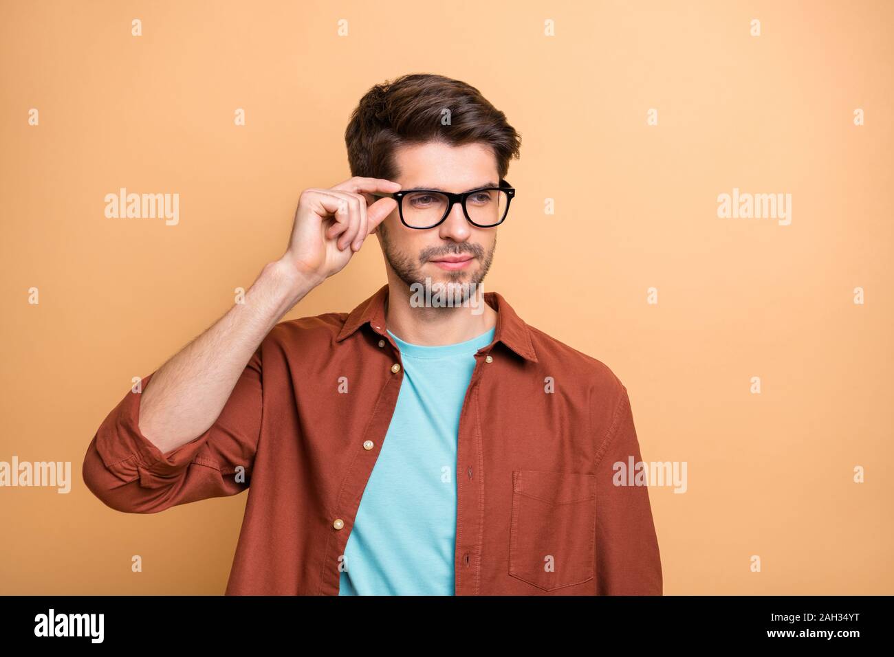 Close-up portrait of his he nice attractive serious successful smart ...