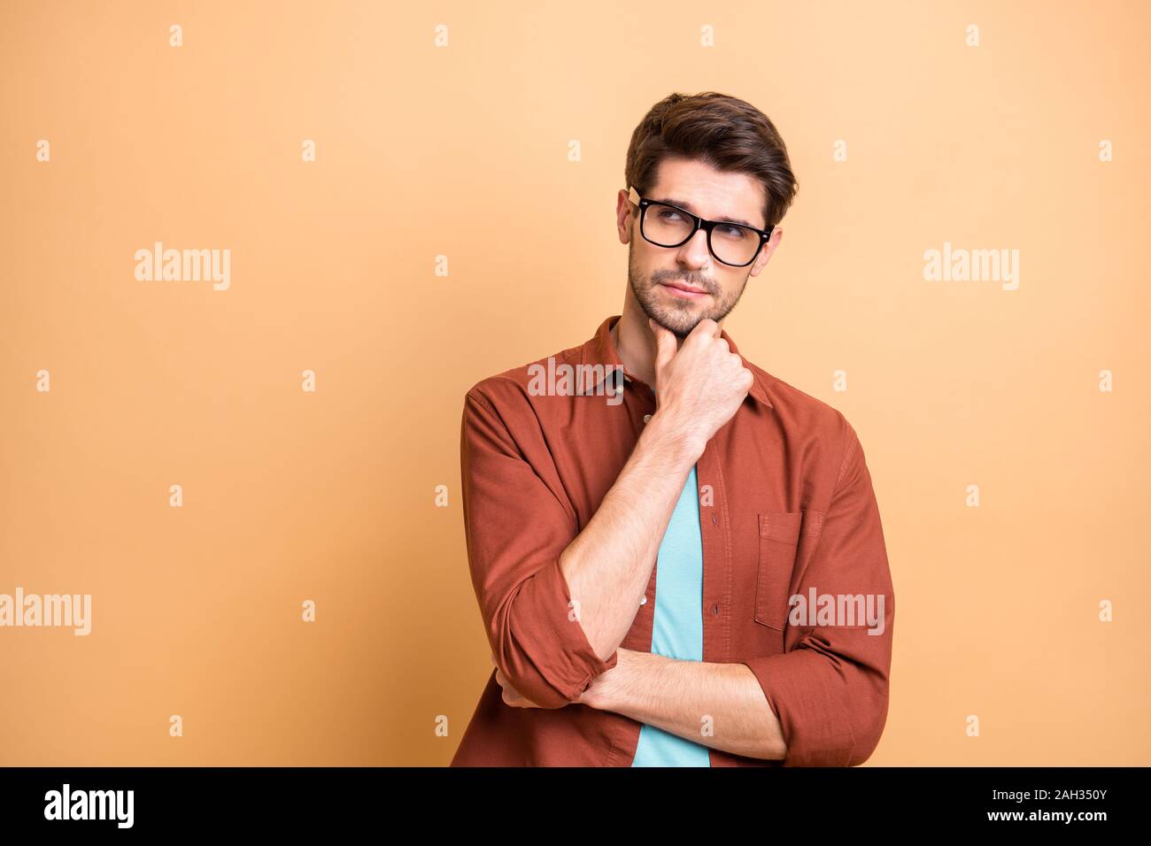 Close-up portrait of his he nice attractive serious focused minded ...